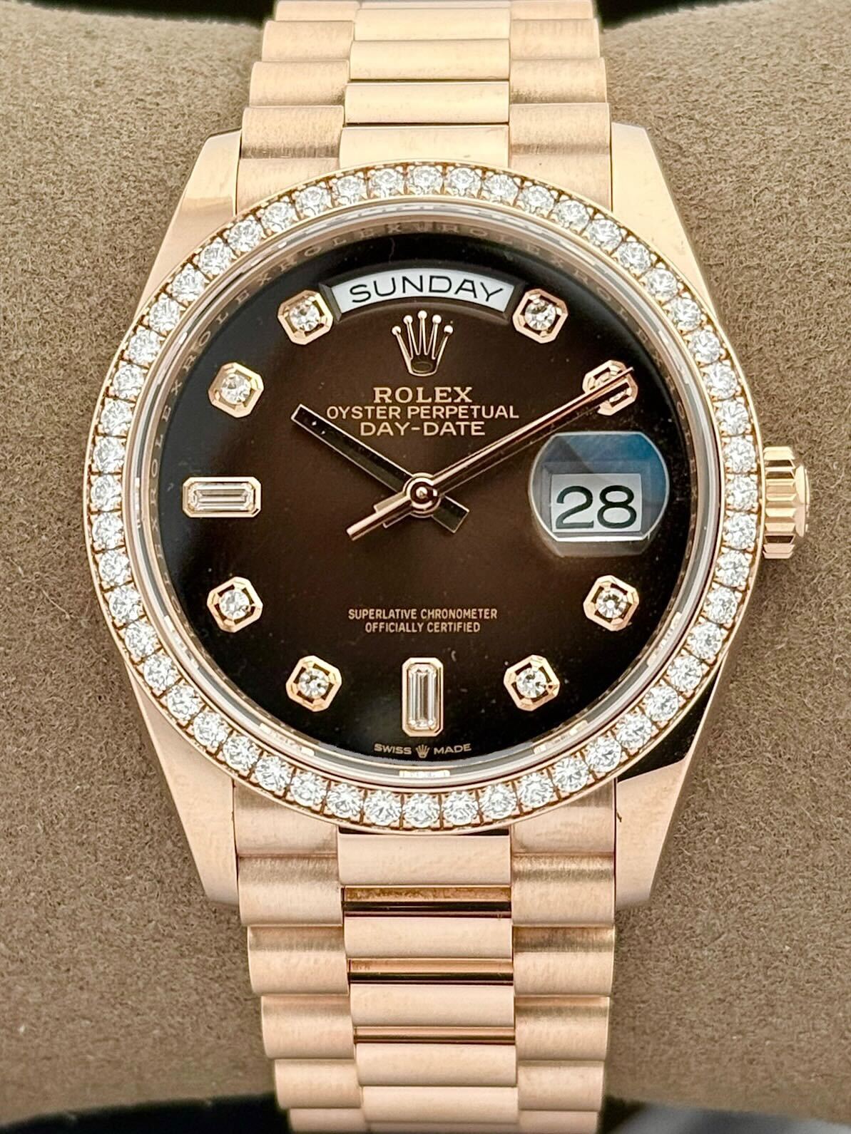 Rolex Day-Date 36 Everose Gold Diamond Bezel Brown Baguette Diamond ...